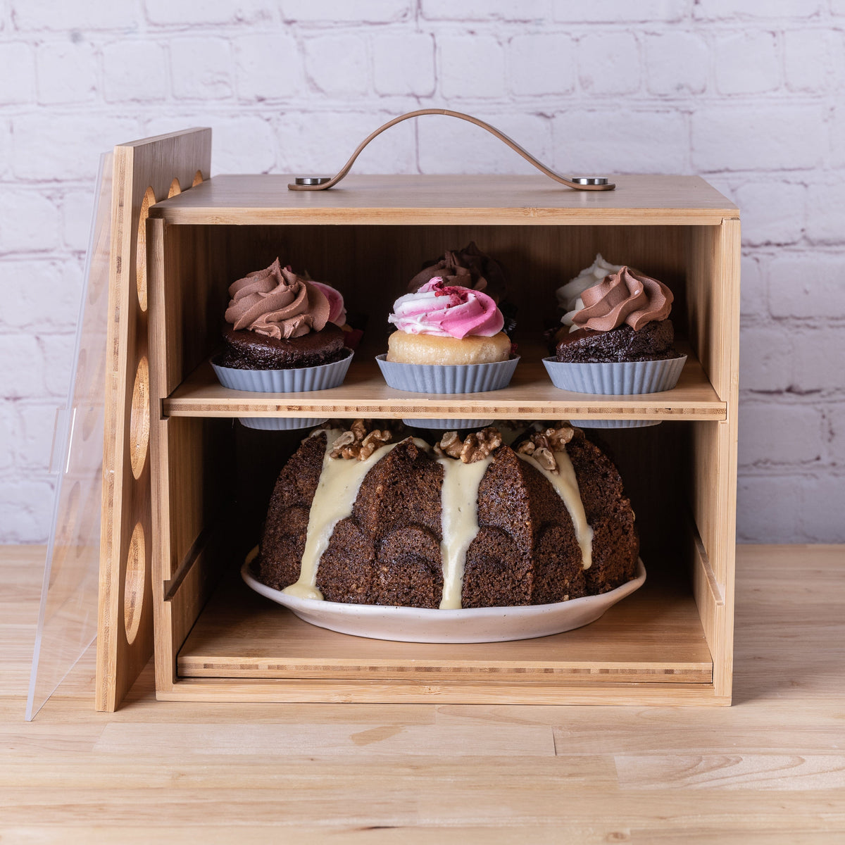 Bamboo cake carrier and cupcake carrier box with window and handle
